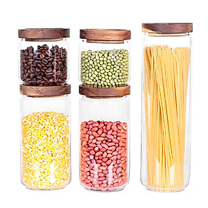 Glass Canisters Set of 5 for the kitchen, Glass Storage Container jars with Airtight Acacia Lid for Coffee Beans, Flour, Sugar, Rice and Spaghetti and etc