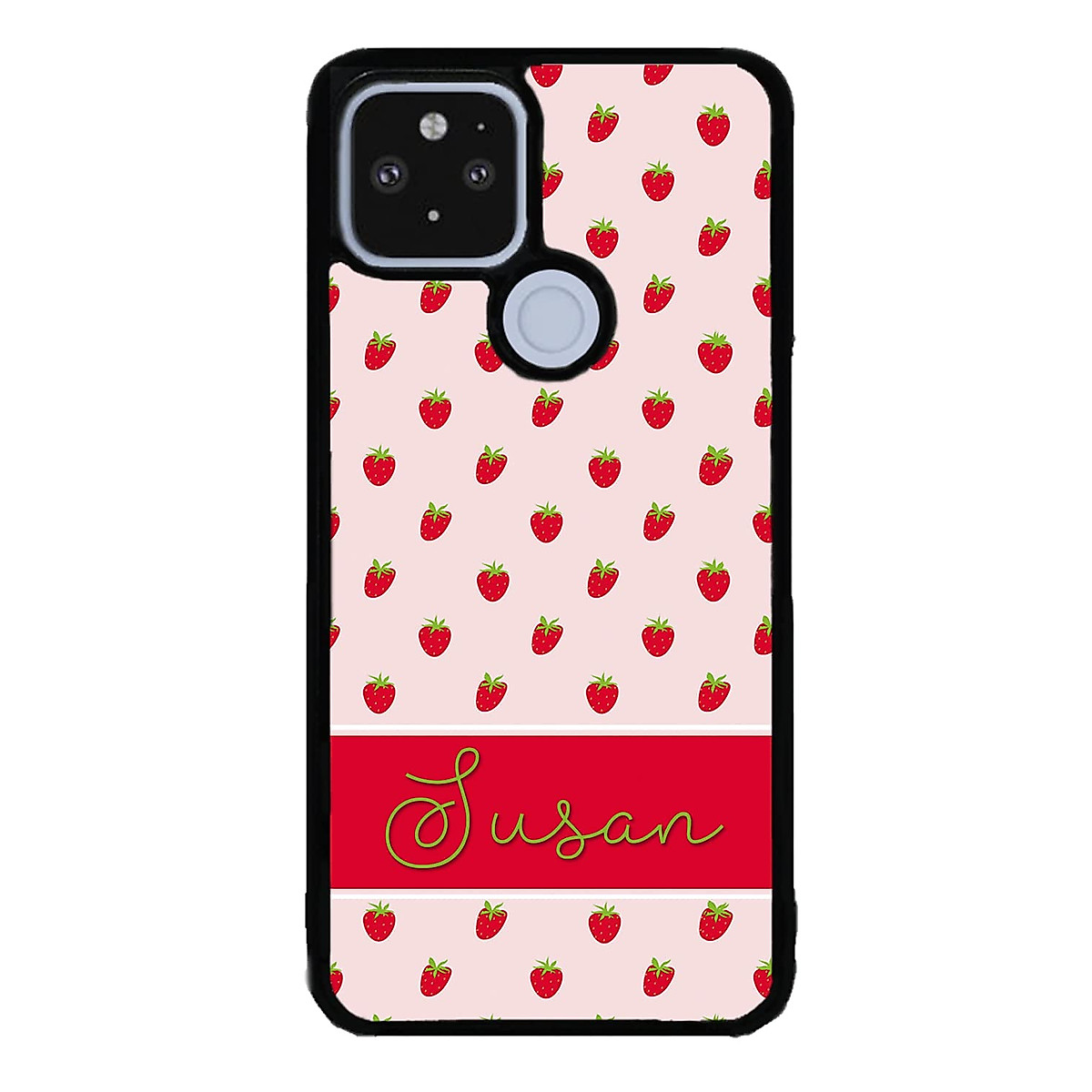 Strawberry Fruit Pattern Personalized Black Rubber Phone Case Compatible With Google Pixel 8 Pro, 8a, 8, 7a, 7, Pixel 7 Pro, 6a, Pixel 6 Pro, 6, 5, 4a 5G, 4a 4G, 4, 4 XL, 3a, 3a XL, 3, 3 XL