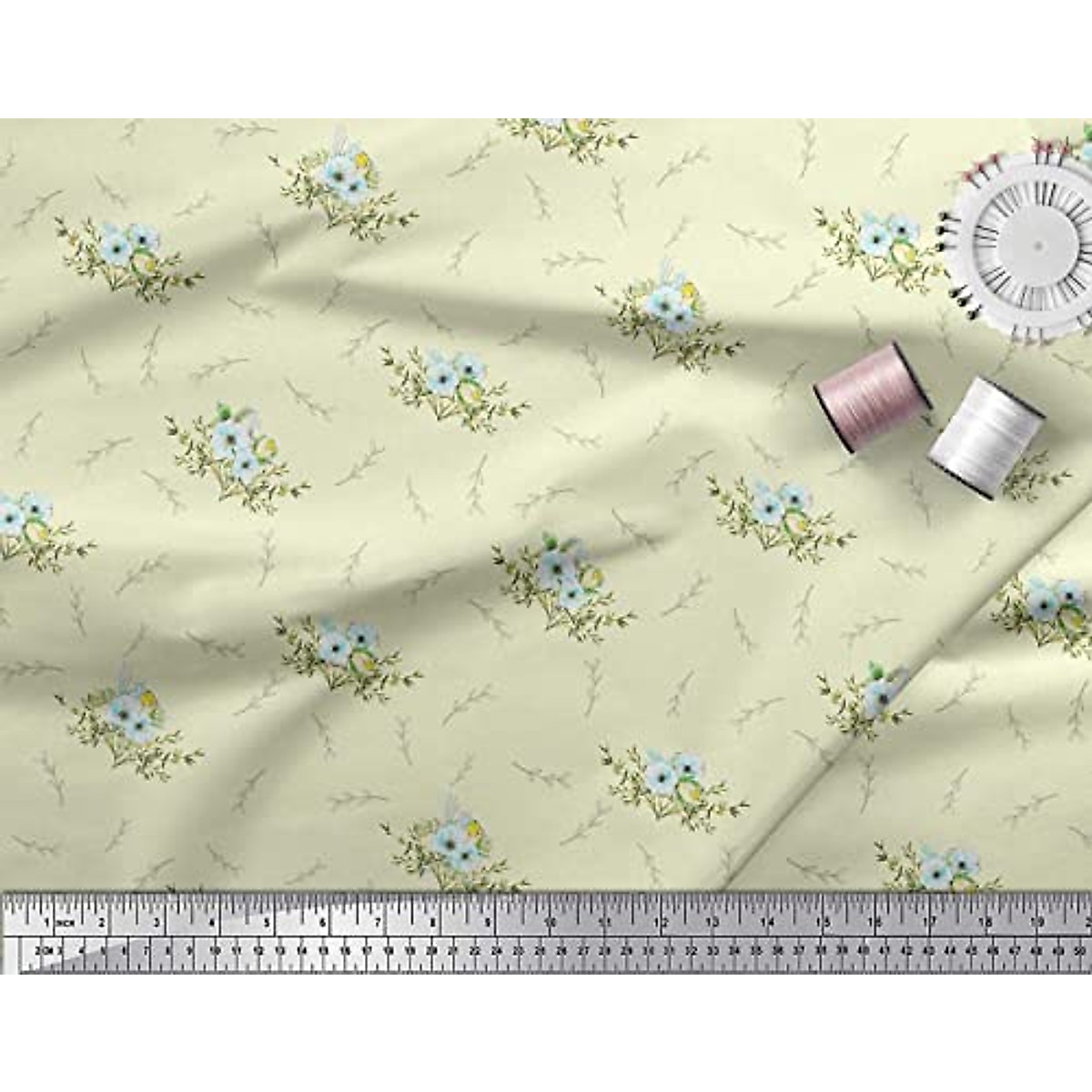 Soimoi Yellow Cotton Canvas Fabric Leaves & Anemone Floral Fabric Prints by Yard 44 Inch Wide