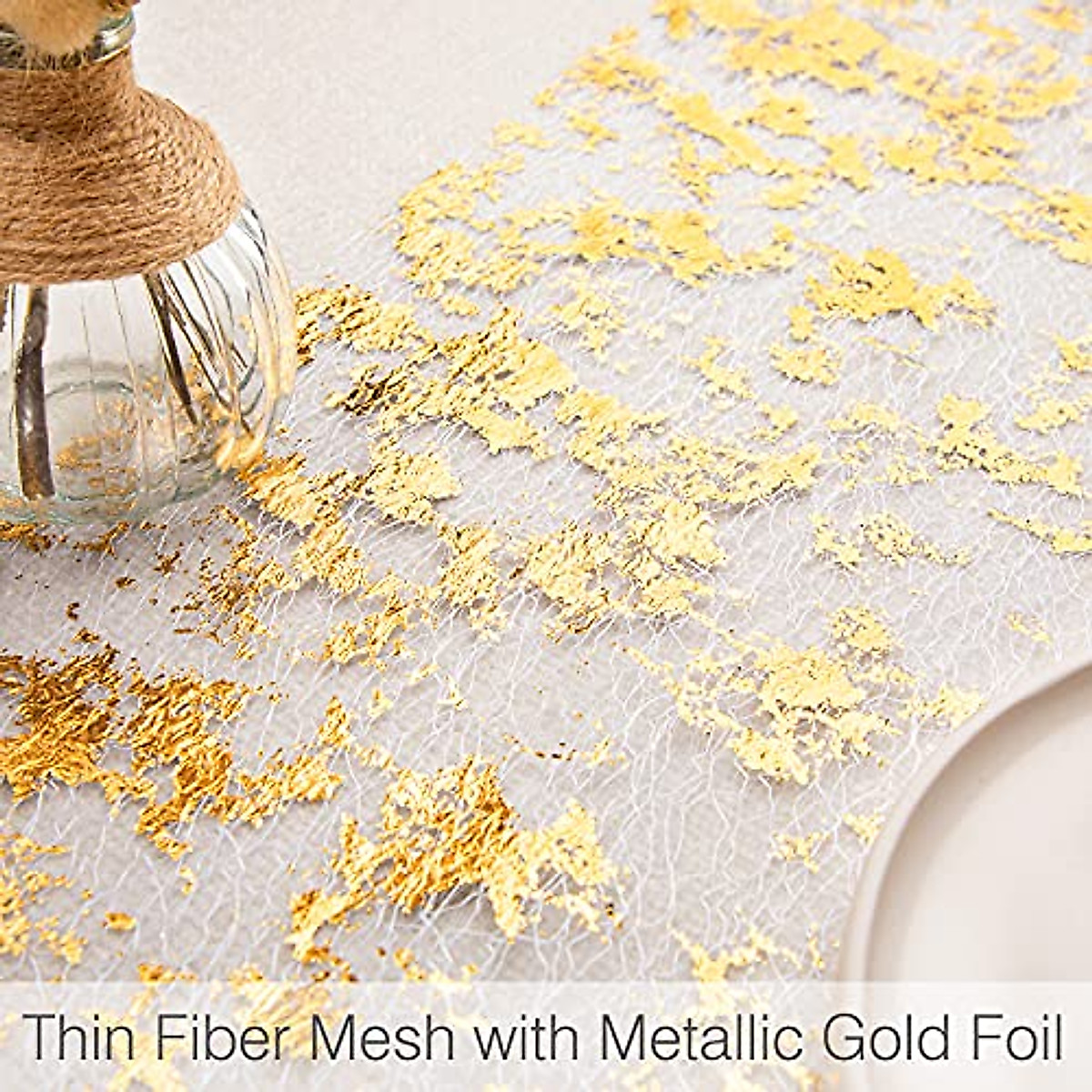 WELTRXE Gold Table Runner, Glitter Metallic Gold Thin Mesh Table Runner Roll 11 Inch x 16 Feet, Event Party Supplies Fabric Table Decorations for Wedding, Bridal Shower, Baby Shower, Birthday Party