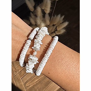 POTESSA Puka Shell Bracelet for Women Summer Natural Seashell Hawaiian Pooka Bracelet Heishi Clam Chips Surfer Jewelry