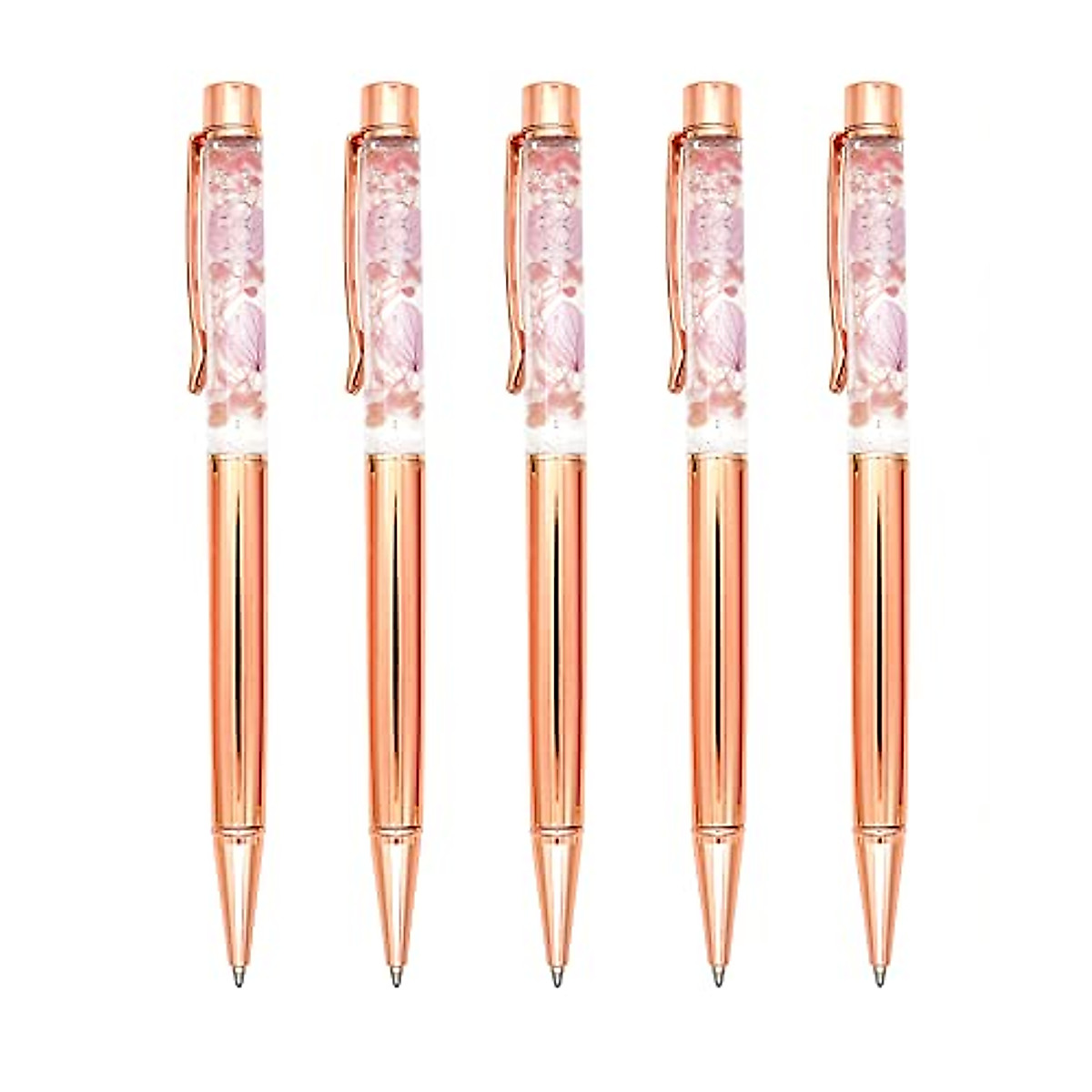 Gullor 5 Pieces Liquid Floral Ballpoint Pens for Gift, Fancy Metal Unique Flower Set for Desk Accessories, Rose gold