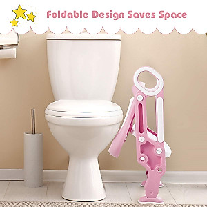 BABY JOY Kids Portable Potty Training Toilet Seat w/Step Stool Ladder, Foldable and Adjustable Toddler Toilet Training Seat Chair for Boys Girls Toddlers, Non-Slip Pads and Soft Cushion Seat (Pink)