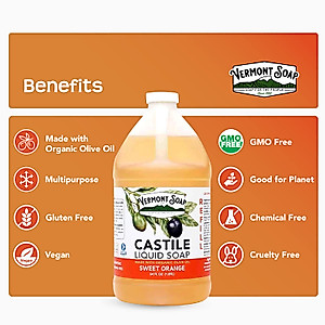 Vermont Pure Castile Soap Orange, Gentle Liquid Soap for Sensitive Skin & Natural Body Wash, Organic Hair Shampoo for Oily Hair, Aloe Castile Soap for Men & Women - 64 Oz