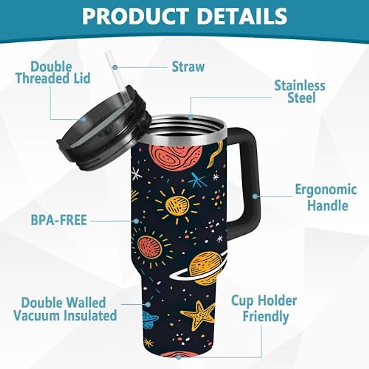 FRCSDIY Cartoon Planet Insulated Tumbler with Handle and Straw Lid,30oz Leakproof Stainless Steel Cup BPA-Free Water Bottle