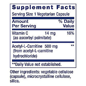 Life Extension Acetyl-L-Carnitine, Acetyl-L-Carnitine, vitamin C, Brain, mood & nerve health, cellular energy, 3-month supply, Gluten-Free, Non-GMO, Vegetarian, 100 Capsules