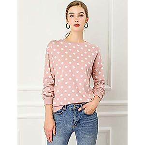 Allegra K Women's Winter Fall Casual Pullover Crewneck Long Sleeve Polka Dots Sweatshirt Sweater Small Pink