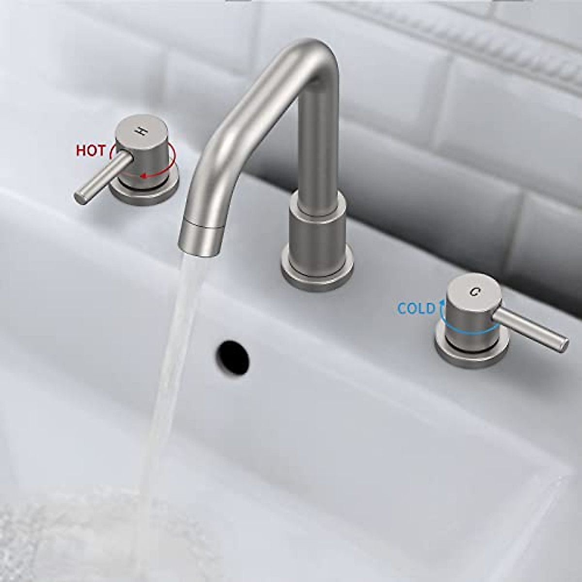 Brushed Nickel Widespread Bathroom Faucets for Sink 3 Hole, 8 Inch 2 Handle Faucet for Bathroom Sink with Pop Up Drain and cUPC Lead-Free Faucet Supply Hose - Brushed Nickel