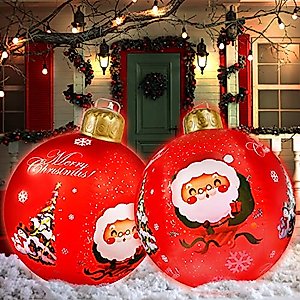 2PCS Light Up PVC Inflatable Christmas Ball, 24 Inch Outdoor Christmas Decorations with 16 Colors LED Light and Remote, Christmas Ornaments Blow Up Yard Decorations for Holiday Home Lawn Tree Pool