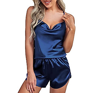 MAXMODA Silk Lingerie for Women Sexy Pjs Set Cowl Neck Pajamas Set Cami Shorts Set Bride Pj Wedding Set (Navy Blue, XL)