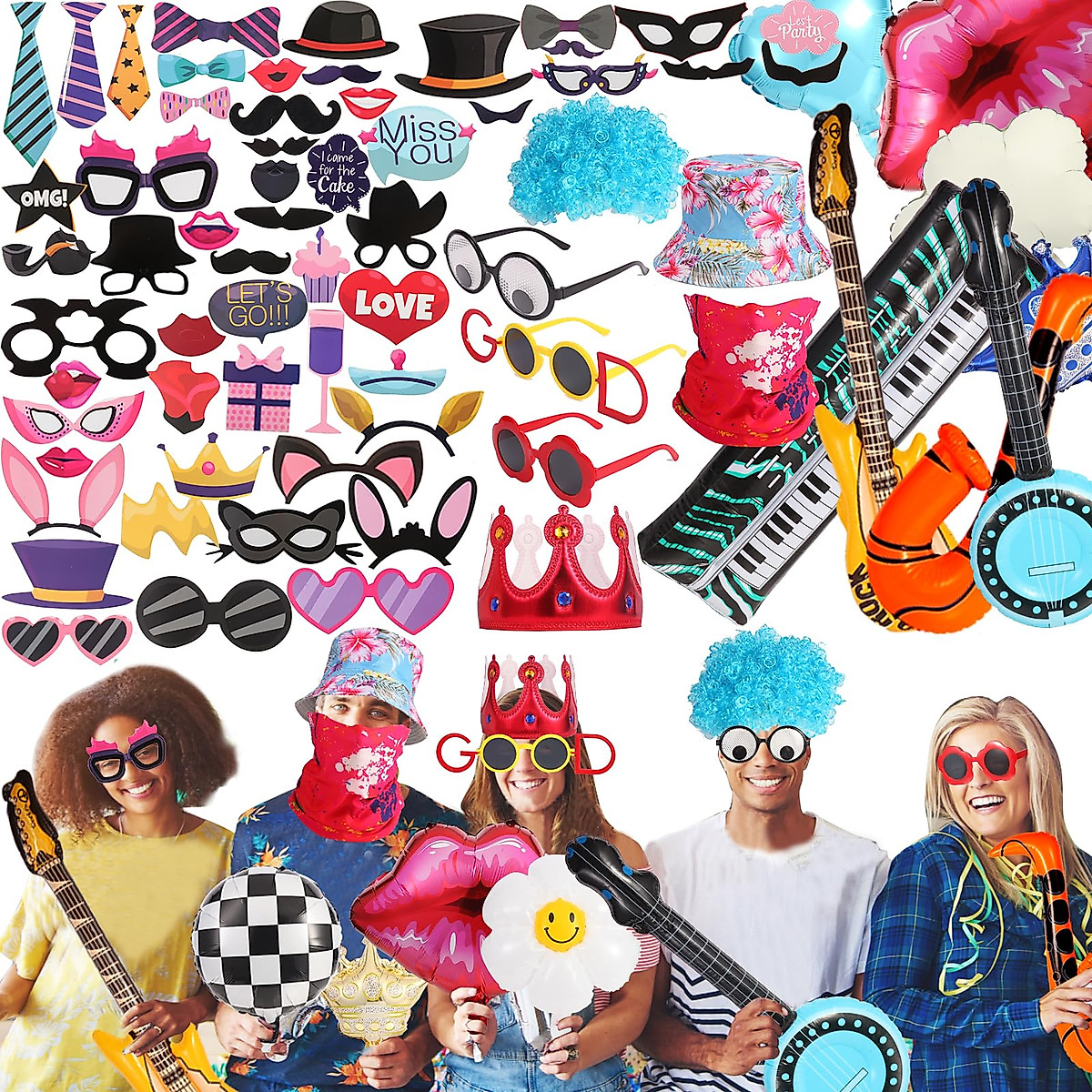 Large Funny Photo Booth Props for Adults, Photo Booth Props Set for New Years, Birthday, Wedding, Bachelorette, All Theme Party, Graduation, Funny Hats, Novelty Glasses, Wig, Inflatable, Magic Scarf