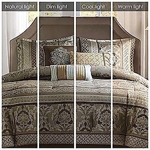 Madison Park Bellagio Cozy Comforter Set - Luxurious Jaquard Traditional Damask Design, All Season Down Alternative Bedding with Matching Shams, Decorative Pillow, King(104"x92"), Brown/Gold 7 Piece