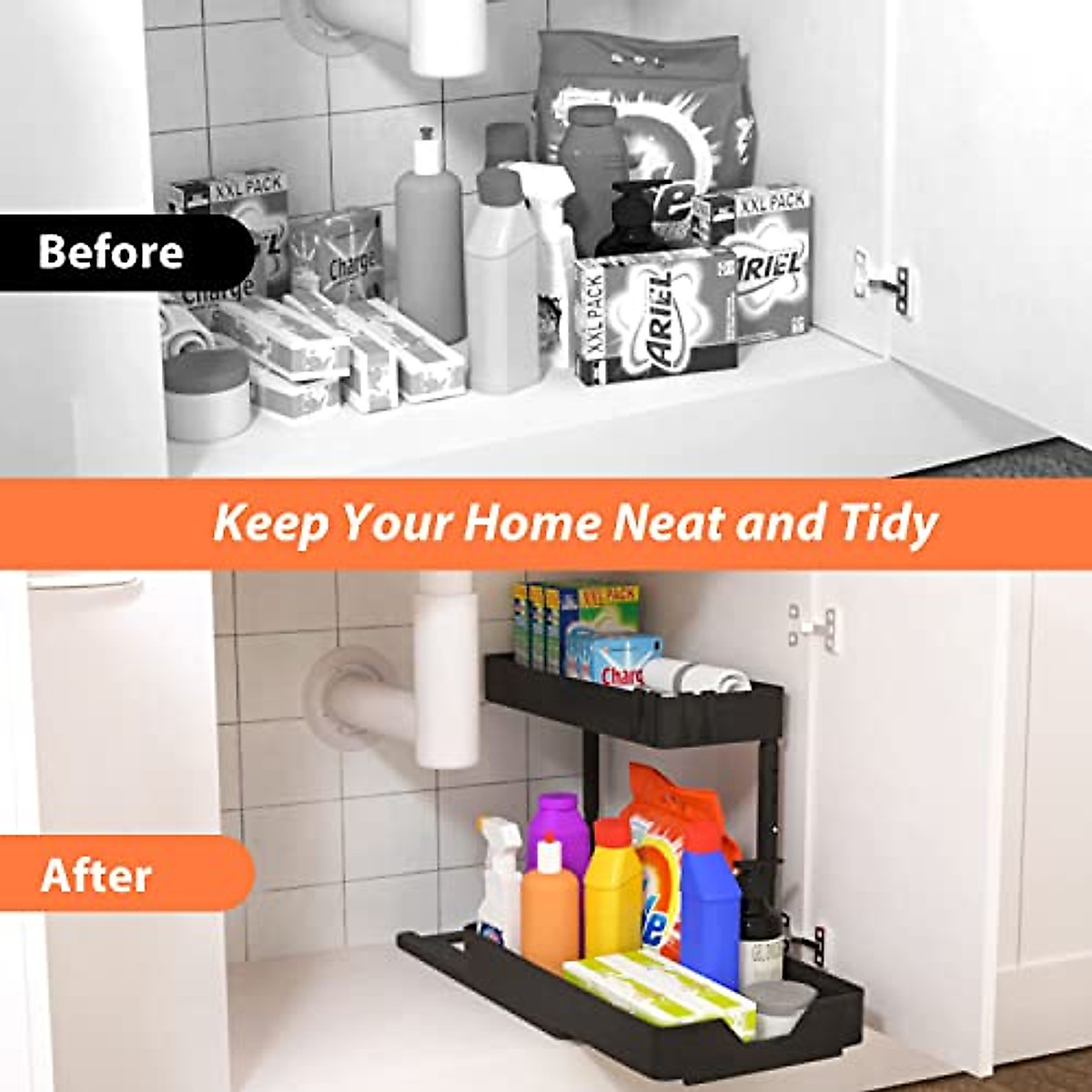 Adjustable Height Under Sink Organizers and Storage, 2 Tier Slide Out Shelf Under Cabinet Kitchen Storage with 4 Hooks, Pull Out Under Sink Organizer for Kitchen Bathroom Counter Office Pantry