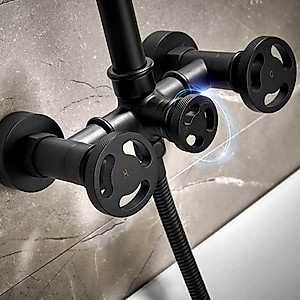 LUNEZY Black Tub Faucet Wall Mounted, Bathroom Tub Filler with Hand Held Shower Sprayer, Double Handle Bathtub Faucet Set, Industrial Style Bath Shower Mixer Tap