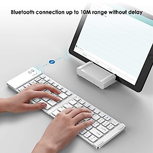 IKOS Folding Bluetooth Wireless Keyboard Slim Pocket Portable Travel Foldable Full Size Keyboard with Stand Holder for iPhone6-13 Max iPad Mini/Pro/Air, iOS Android Windows Laptop Smartphone/Tablet