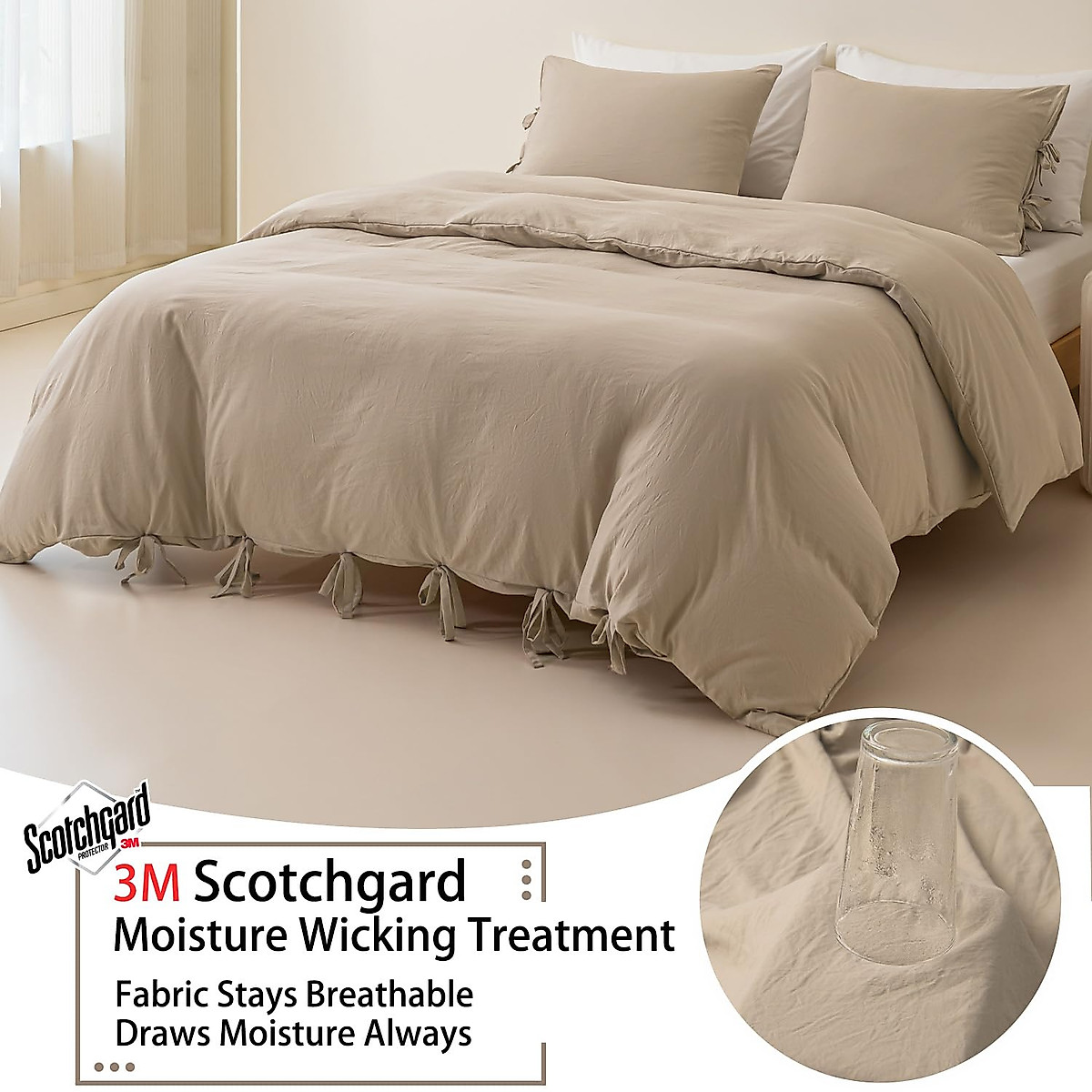 MUKKA Duvet Cover Queen Size 3 Pieces Sets Beige Boho Chic, Tan Khaki Farmhouse Bowknot, Sand Soft & Easy Care Washed Microfiber Cream Bohemian Bedding Sets with Ties