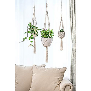 Mkono Macrame Plant Hangers Indoor Outdoor Hanging Planter Basket Cotton Rope 4 Legs 41 Inch, 2 Pack, Ivory
