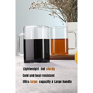 CHRYSLIN Glass Coffee Mugs,20oz Large Coffee Cups with Handle,Square Clear Mugs Set of 2,Heat Resistant Glass Cup for Hot/Cold Coffee Tea Beverage