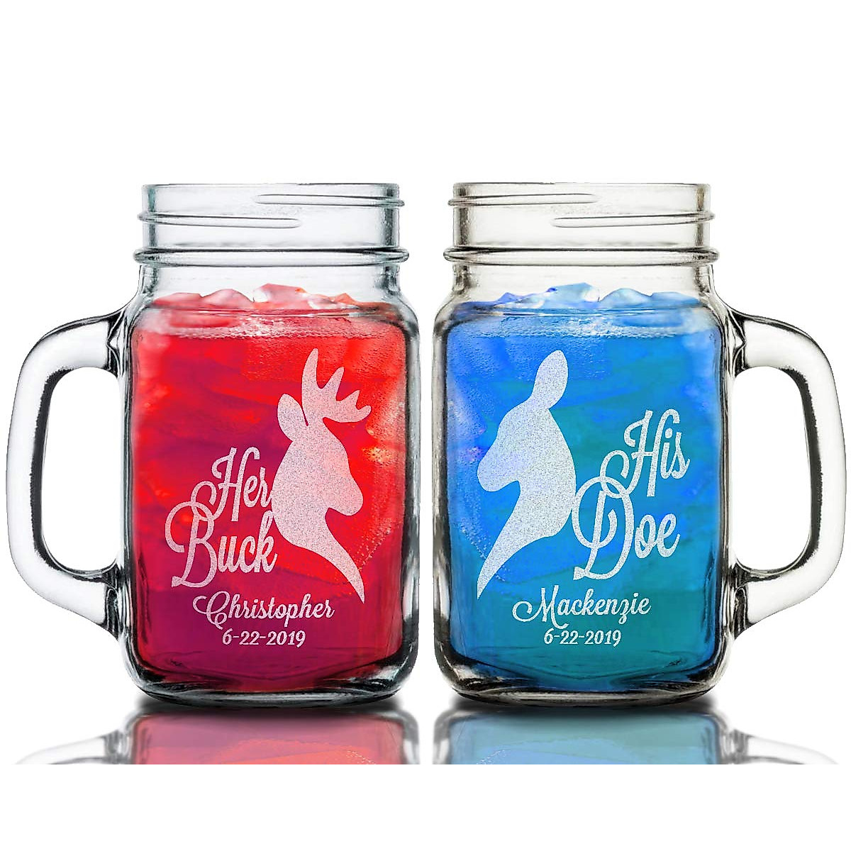 Her Buck His Doe Set of 2 Personalized Mason Jars Rustic Custom Etched for Wedding, Engagement Anniversary Bridal Party Gift of Favor for Newlyweds Couple Gift Idea Barn Wedding Hunting Theme