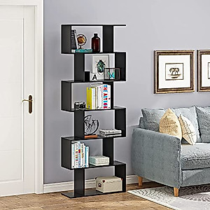 Function Home Geometric Bookcase Wood, S Shaped Bookshelf 6-Tier, Modern Freestanding Multifunctional Decorative Storage Shelving Display Shelves, Black Book Shelf Tall Narrow for Bedroom Living Room
