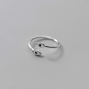 Black Evil Eyes Thin Line Sterling Silver Asymmetric Small Wrap Open Rings for Women Adjustable CZ Engagement Promise Statement Dainty Crystal Knuckle Finger Rings Her Sister