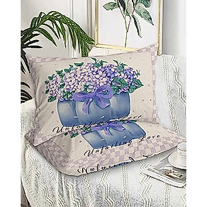 Edwiinsa Spring Floral Pillow Covers Standard Size Set of 2 Bed Pillow, Rustic Purple Plaid Summer Flowers Plush Soft Comfort for Hair/Skin Cooling Pillowcases with Envelop Closure 20''x26''