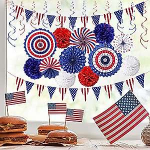 26PCS Patriotic Party Decorations, 4th/Fourth of July American Flag Party Supplies Red White Blue Hanging Paper Fans, Tissue Paper Pom Poms, Star Streamers for American Theme Party