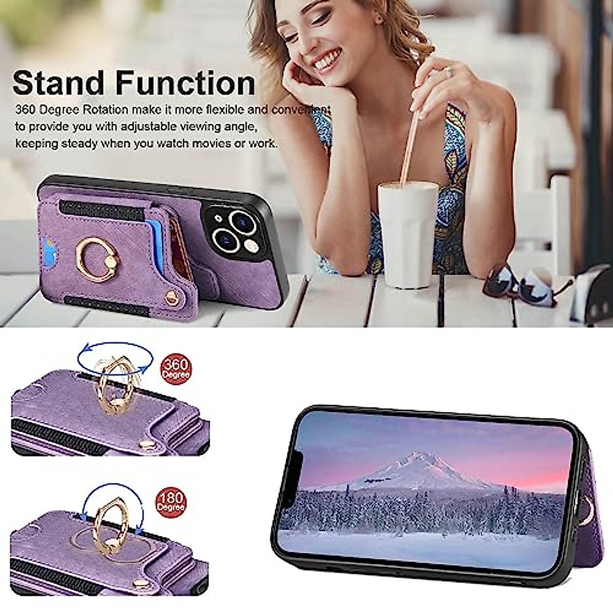 JanCalm for iPhone 14 Case,Phone Case for iPhone 13,Card Holder Wallet,Ring Holder Stand,RFID-Blocking,Wrist Strap,Camera Protector,Leather Protective Magnetic Flip Cover for iPhone 13/14 (Purple)