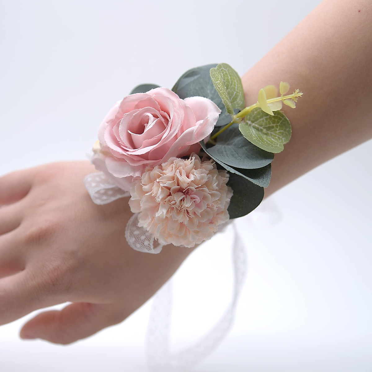 ETERNAL ANGEL Boutonniere and Corsage Wristlet Bracelet Set with Pink Artificial Rose Eucalyptus Leaves for Groom Bride Groomsmen Bridesmaids Best Men at Wedding Party Prom