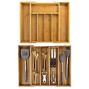 EcoFives Bamboo Drawer Utensil Organizer Expandable 7Slots + Acacia Silverware Organizer Adjustable 5 Slots