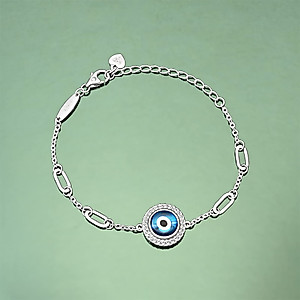 ELEGANZIA Greek Evil Eye Bracelet Turkey Sterling Silver, CZ Third Eye Bracelet for Women Men, Link Bracelet Amulet for Teen Adjustable 6.5" - 8"