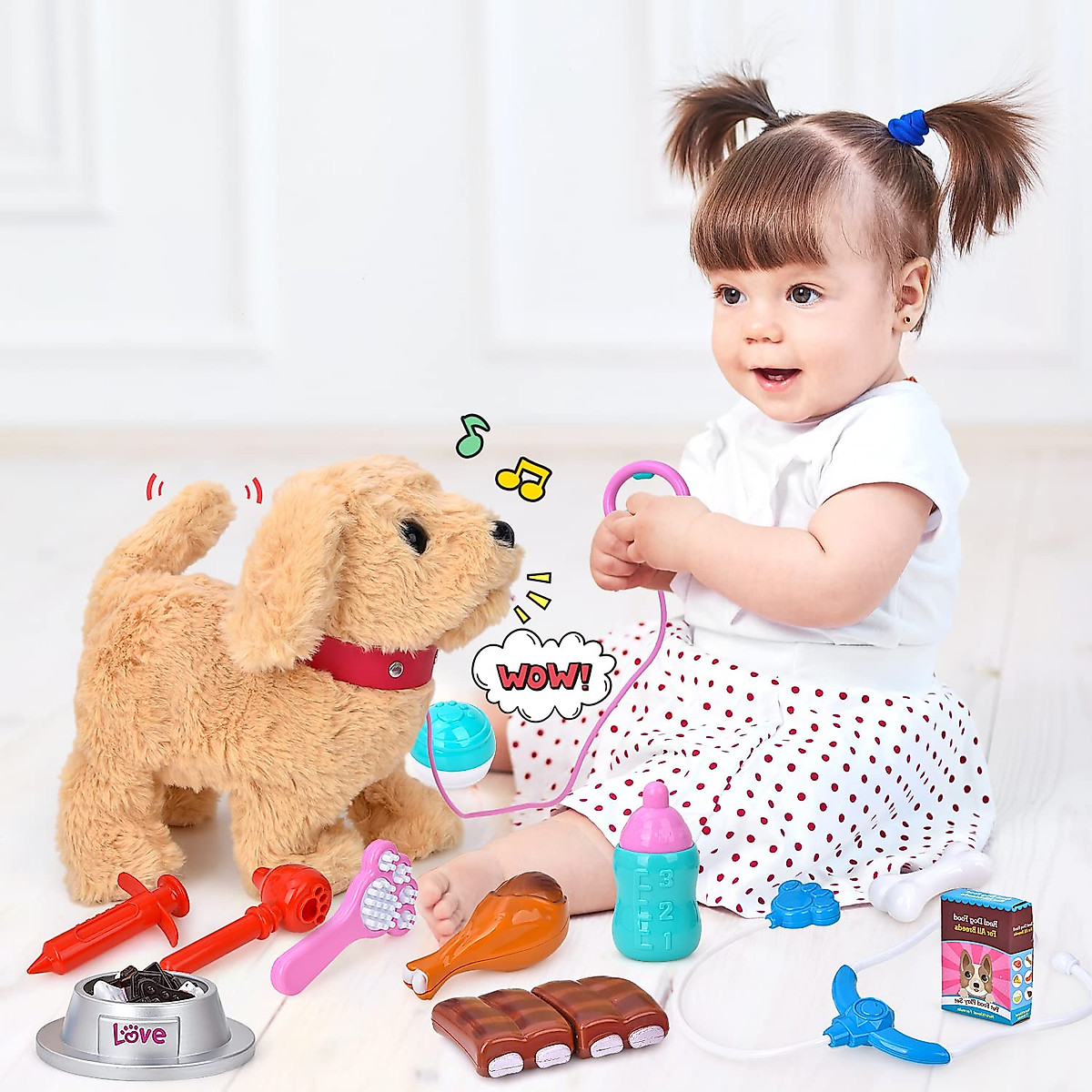 JoyGrow Electronic Plush Toy Talking Golden Retriever Pet for Girls Kids Interactive Toys Repeats What You Say,Singing,Walking,Barking,Shaking Tail,Pretend Doctor Kit