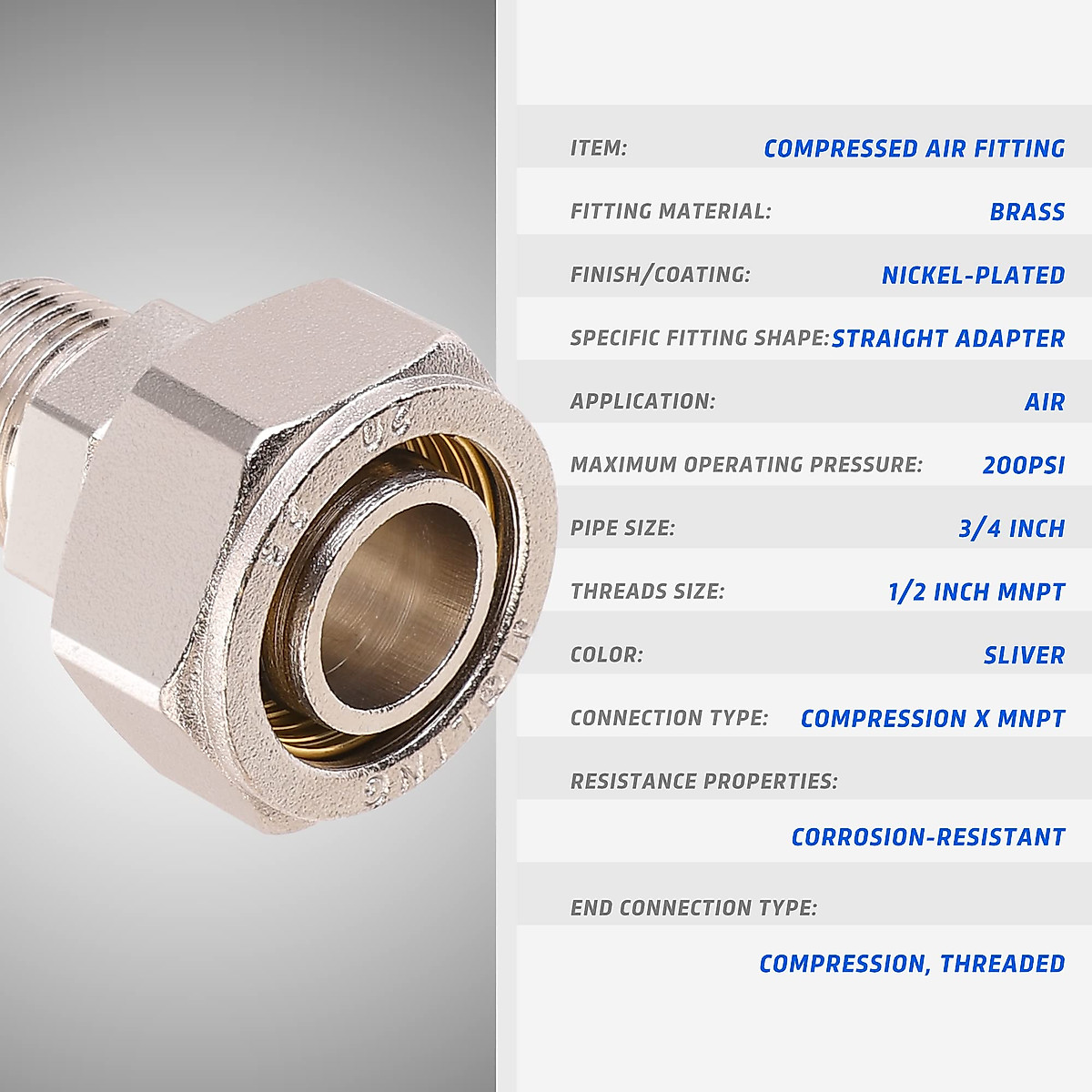 ANCIMOON 3/4’’ Straight Air Piping Fittings, 3/4’’ x 1/2’’ Male NPT Threads Adapter Fittings, Seal Taped Needed, Brass-Nickel Plated, 2PCS For Shop Compressed Air Line System