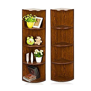 FHDGH 3-Tier Corner Curved Shelf Organizer, Freestanding Display Storage Shelves and Wooden Bookcase, for Kitchen, Living Room, Study, Rustic Brown