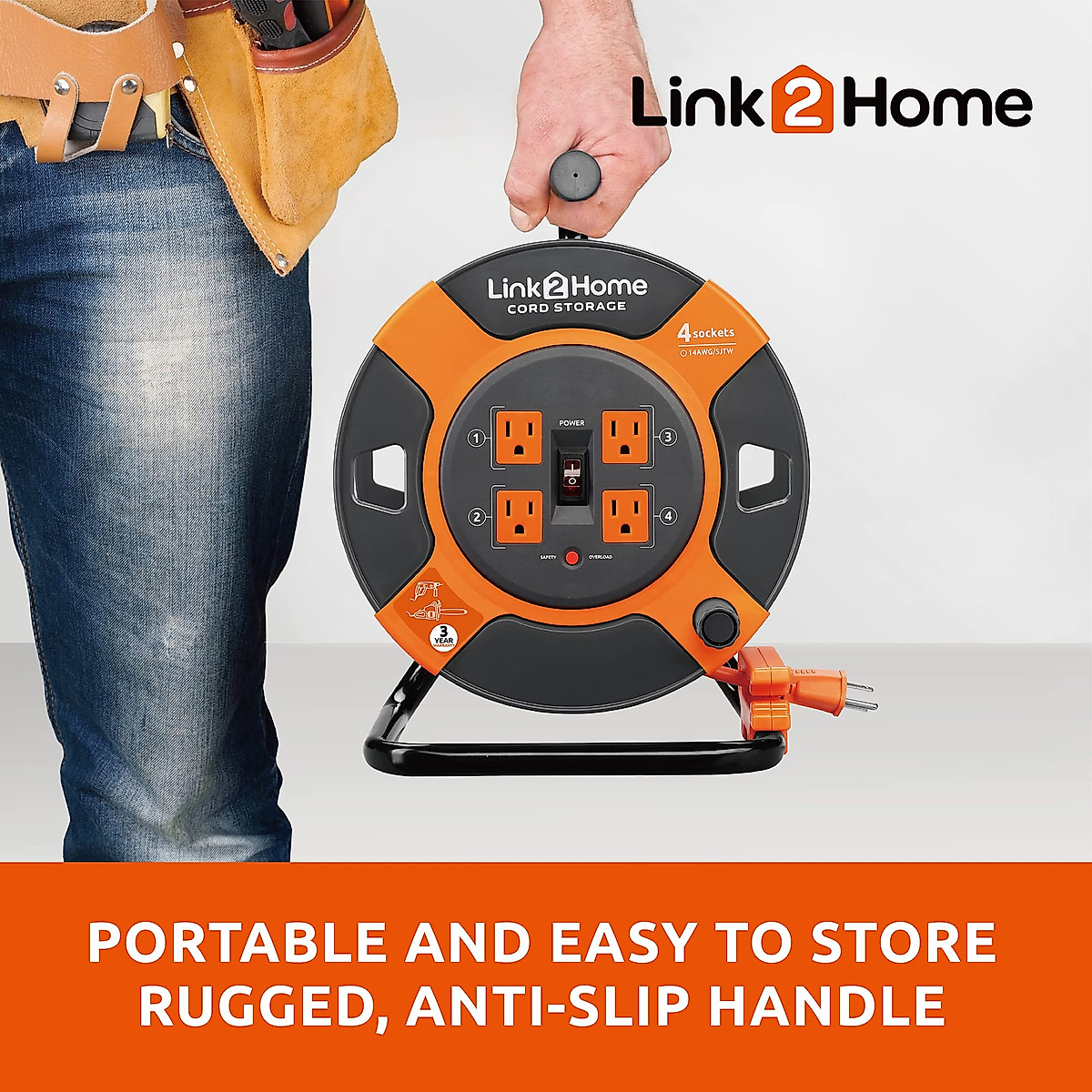 Link2Home Cord Storage 3 ft. Extension Cord 4 Power Outlets – 14 AWG SJTW Cable