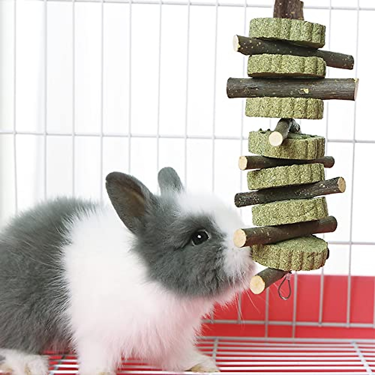 Bunny Chew Toys for Teeth,3Pieces Natural Fruit Twigs Handmade Timothy Hay Grass Cakes for Guinea Pigs Hamsters Dwarf Rabbits Chinchillas Gerbils Improves Dental Health