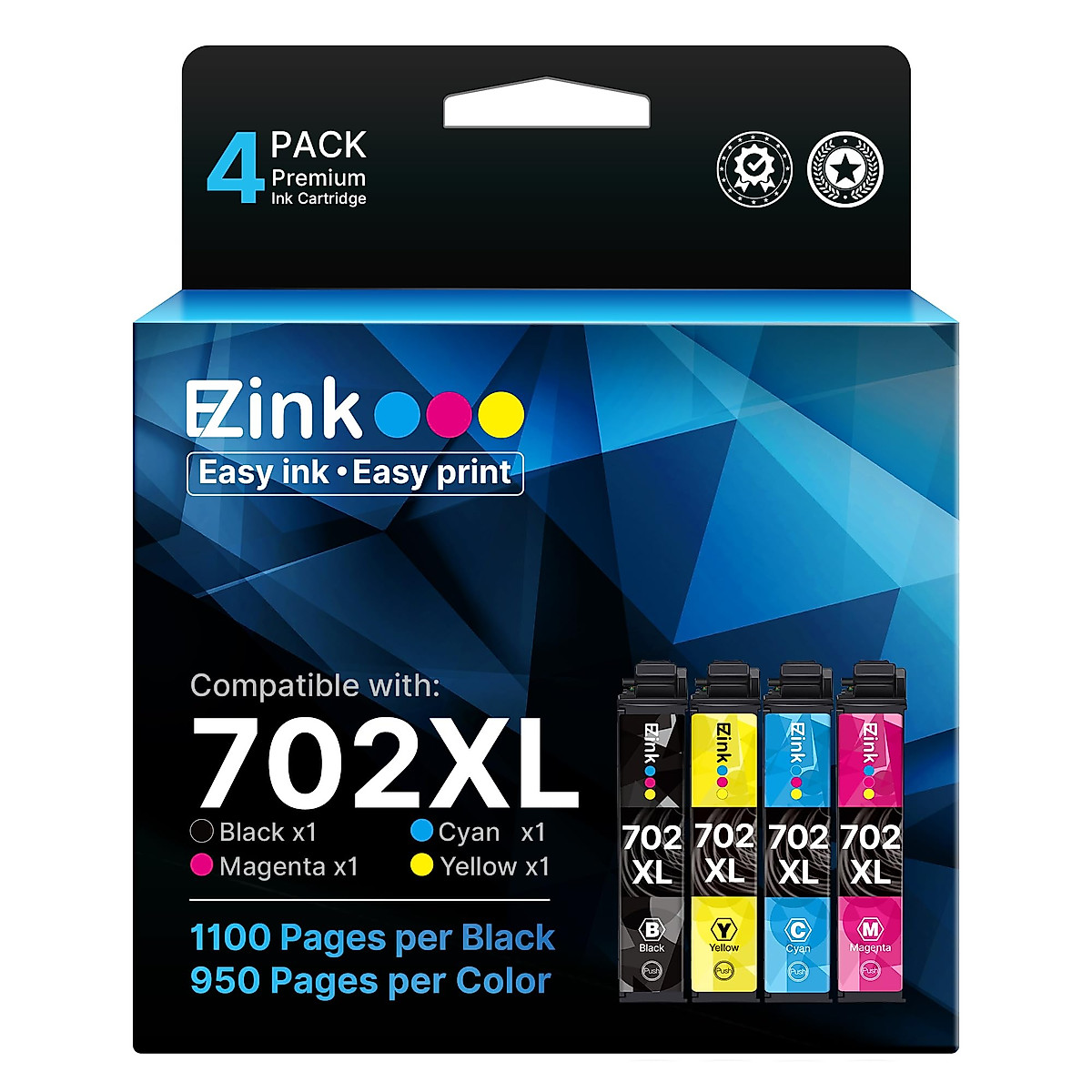 E-Z Ink (TM) Remanufactured Ink Cartridge Replacement for Epson 702XL T702XL 702 T702 to use with Workforce Pro WF-3720 WF-3730 WF-3733 Printer (1 Large Black, 1 Cyan, 1 Magenta, 1 Yellow, 4 Pack)