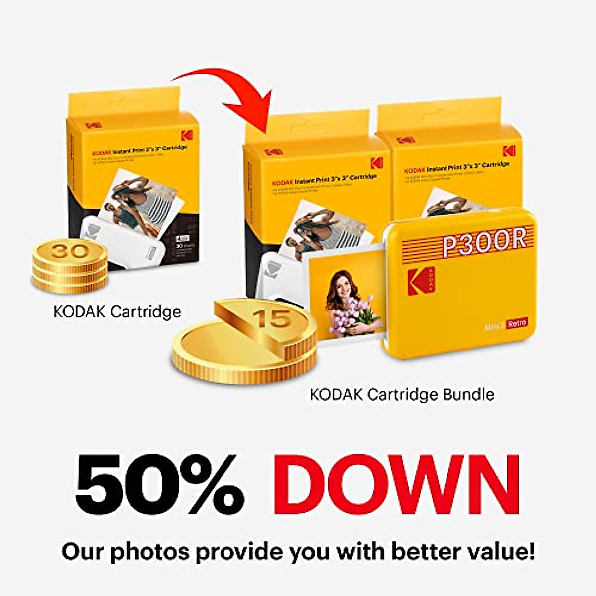 KODAK Mini 3 Retro 4PASS Portable Photo Printer (3x3 inches) + 68 Sheets Bundle, Black