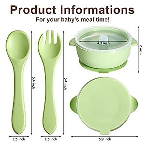Potchen 4 Set Silicone Baby Bowls with Lid Spoon and Fork Suction Bowls for Baby Toddler Self-feeding Baby Food Bowl First Stage Dishwasher and Microwave Safe, 4 Colors