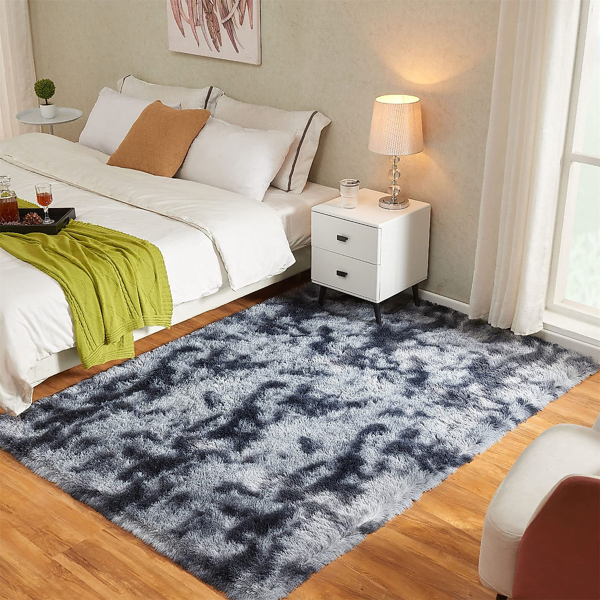 YQQRIGRO 9x12 Ft Rugs for Bedroom, Tie-Dyed Dark Grey Super Soft Shaggy Fluffy Carpets, Indoor Modern Plush Area Rugs for Living Room Dorm Kids Room, Fuzzy Non-Slip Rugs for Boys Girls