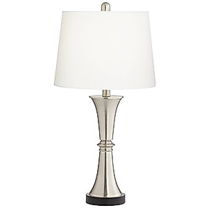 360 Lighting Seymore Modern Table Lamps 26" Tall Set of 2 with USB Charging Port Silver LED Touch On Off White Drum Shade for Bedroom Living Room House Home Desk Bedside Nightstand Office