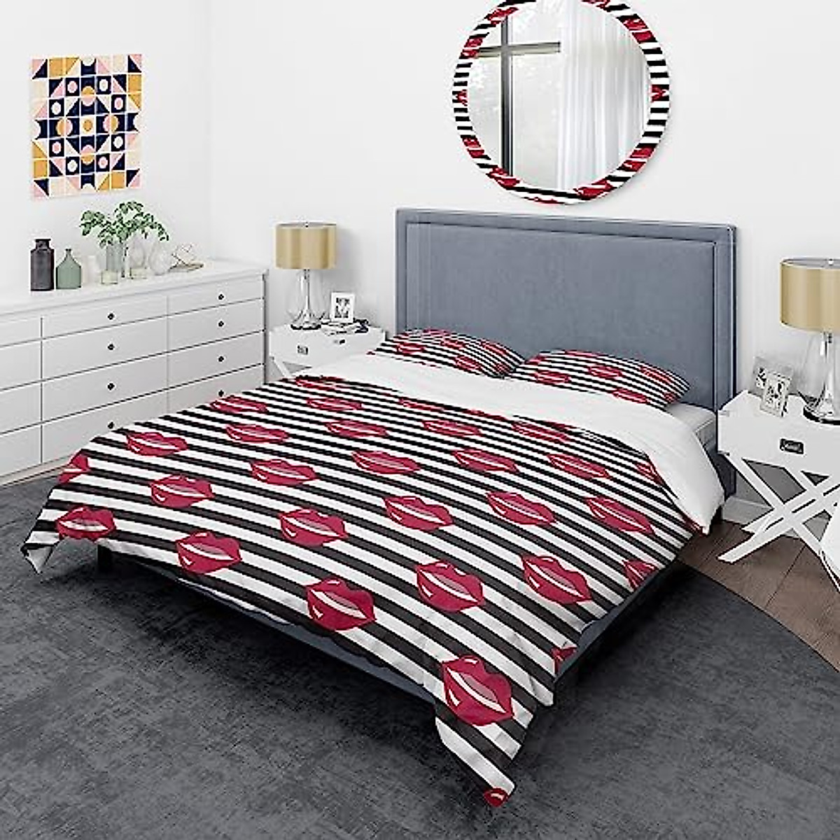 DESIGN ART Designart 'Red Lips Fashion Pattern' Mid-Century Duvet Cover Set Twin Cover + 1 sham (Comforter not Included) 2 Piece
