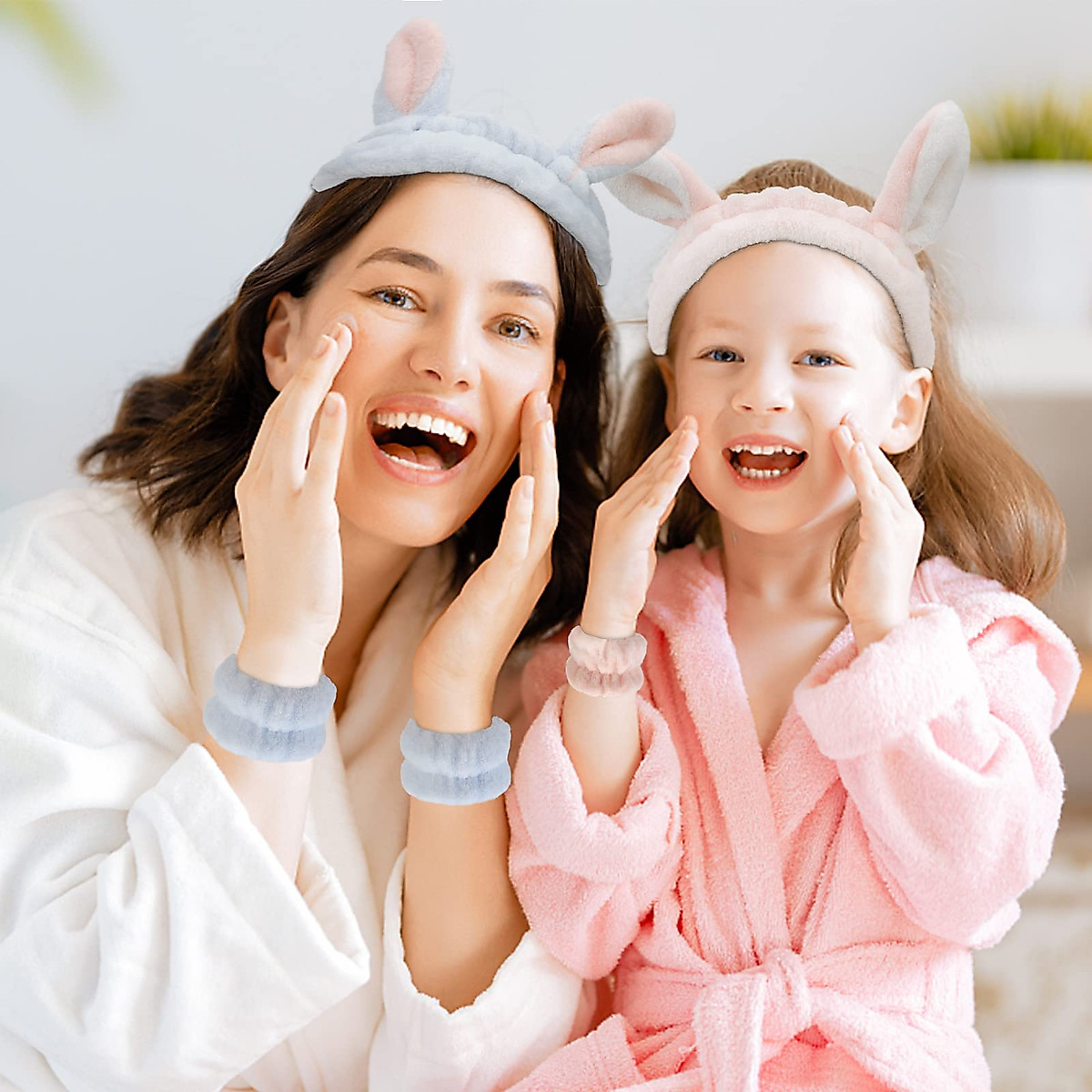 AMCAMI Bunny Ears Shower Set for Women - 6 Pcs Makeup Headbands with Wristband, Elastic Cosmetic Headbands for Face Washing