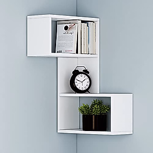 RANK Corner Shelf Wall Mounted, White Corner Shelves, Floating Corner Bookcase, Wall Storage Shelves for Wall Decor Living Room, Bedroom, Bathroom