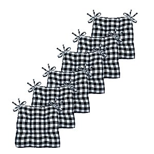 GoodGram Gingham Plaid Buffalo Checkered Premium Plush Country Farmhouse Chair Cushion Pads with Tear Proof Ties - Assorted Colors (6, Black)