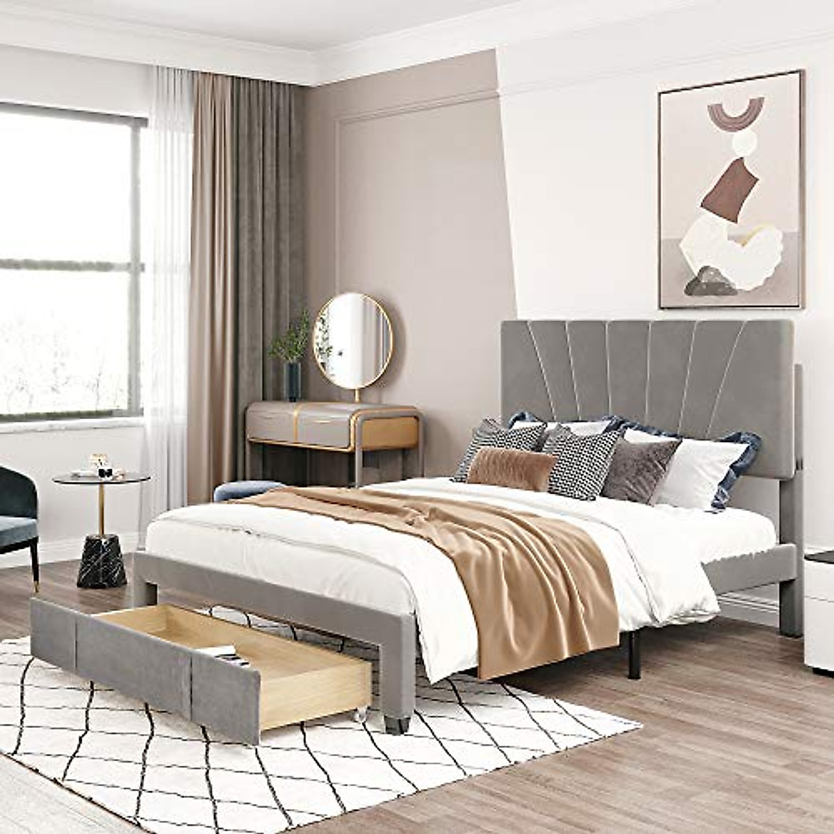 Livavege Queen Bed Frame with Wingback Headboard and Storage Drawers, Velvet Upholstered Platform w/Wooden Slats Support, Queen Size Bedframe No Box Spring Needed, Easy Assembly/Mattress Foundation