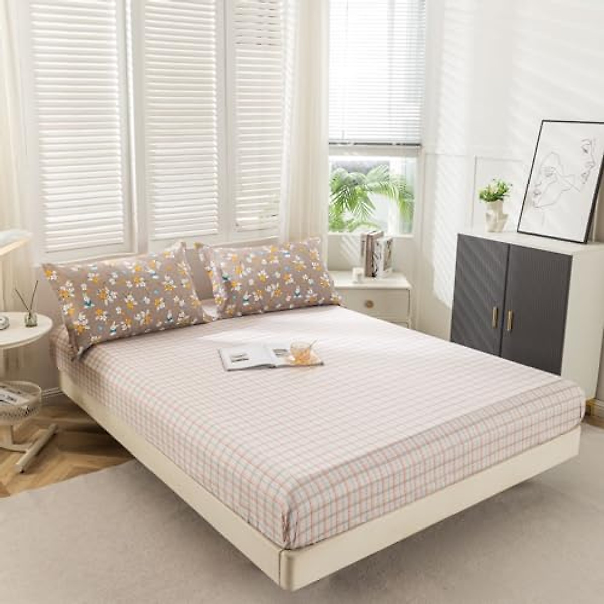 Sophni - Full Cotton 4 Pieces Bedding Sheets and Pillow Cases Sets, Modern Design, Durability, Easy to wash, Easy to use, Breathable and Comfortable (Gray1, Queen (U.S. Standard))