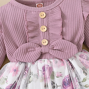 Toddler Girls Outfits Ruffle Long Sleeve Bow Dresses Splicing Floral Princess Tutu Skirts Cute Fall Clothes (Purple, 18-24 Months)