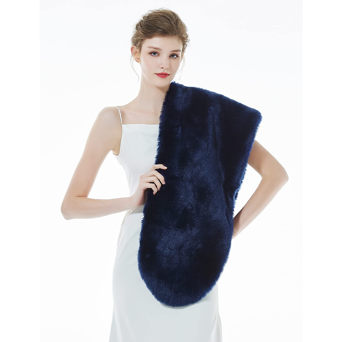 BEAUTELICATE Women's Faux Fur Shawl Stoles Wrap for Bridal/Wedding/Party-S62 Navy Blue, Navy Blue, 67"x14"