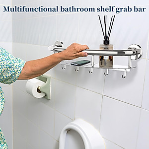 Polished Chrome Shampoo Shelf Grab Bar 18 Inch, Zepolu Stainless Steel 2-in-1 Decorative Grab Bar w/Tray, Bath and Shower Safety Handle, Wall Mounted Handrail Balanced Support Assist Bar for Senior